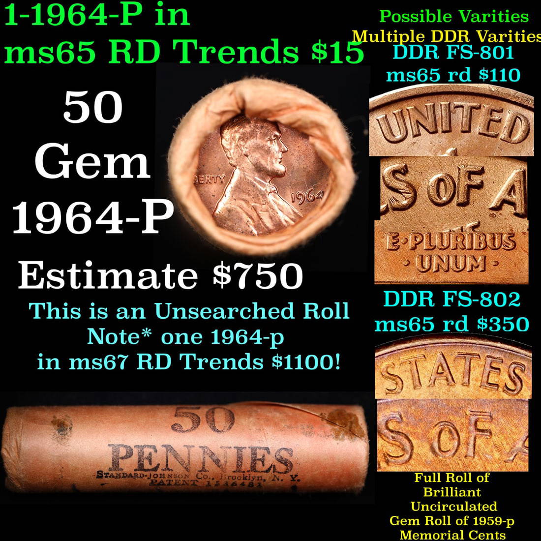 Shotgun Lincoln 1c Roll, 1964-p 50 Pcs Standard Johnson Wrapper. Auction