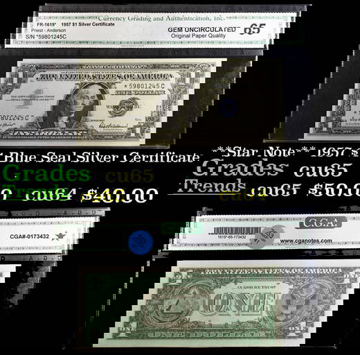 **star Note** 1957 $1 Blue Seal Silver Certificate Graded Cu65 By Cga