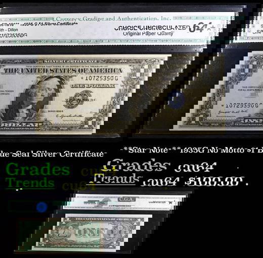 **star Note** 1935g $1 Blue Seal Silver Certificate Graded Cu64 By Cga