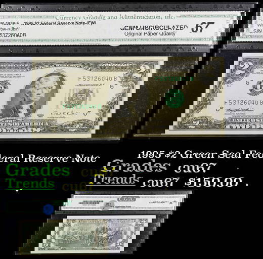 1995 $2 Green Seal Federal Reserve Note Graded Cu67 By Cga
