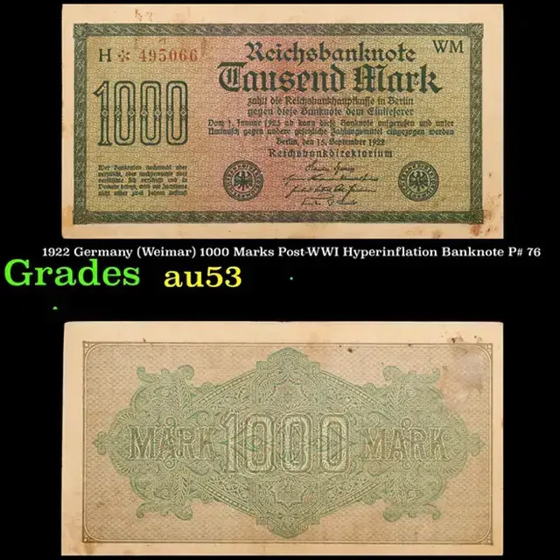 1922 Germany (weimar) 1000 Marks Post-wwi Hyperinflation Banknote P# 76 ...