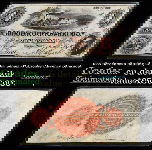 1855 Bordentown Banking Co New Jersey $1 Obsolete Currency Banknote ...