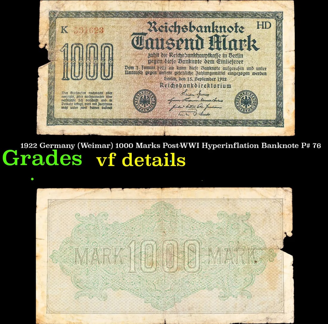 1922 Germany (weimar) 1000 Marks Post-wwi Hyperinflation Banknote P# 76 ...