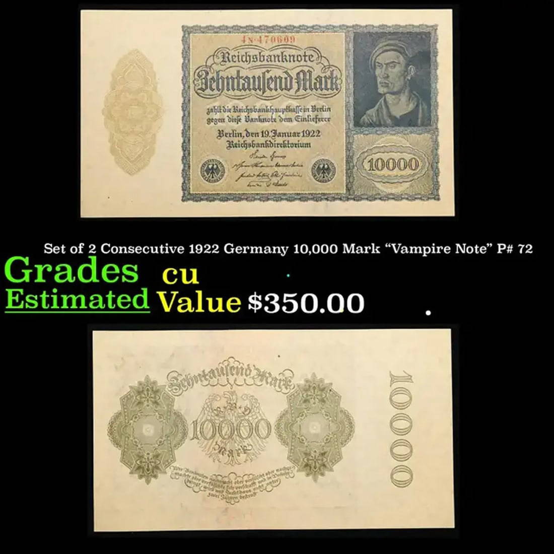 Set Of 2 Consecutive 1922 Germany 10,000 Mark "vampire Note" P# 72 ...