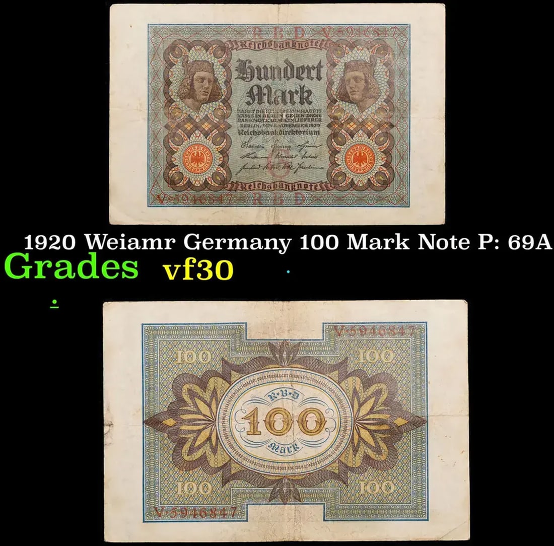 1920 Weiamr Germany 100 Mark Note P: 69a Grades Vf++ Auction