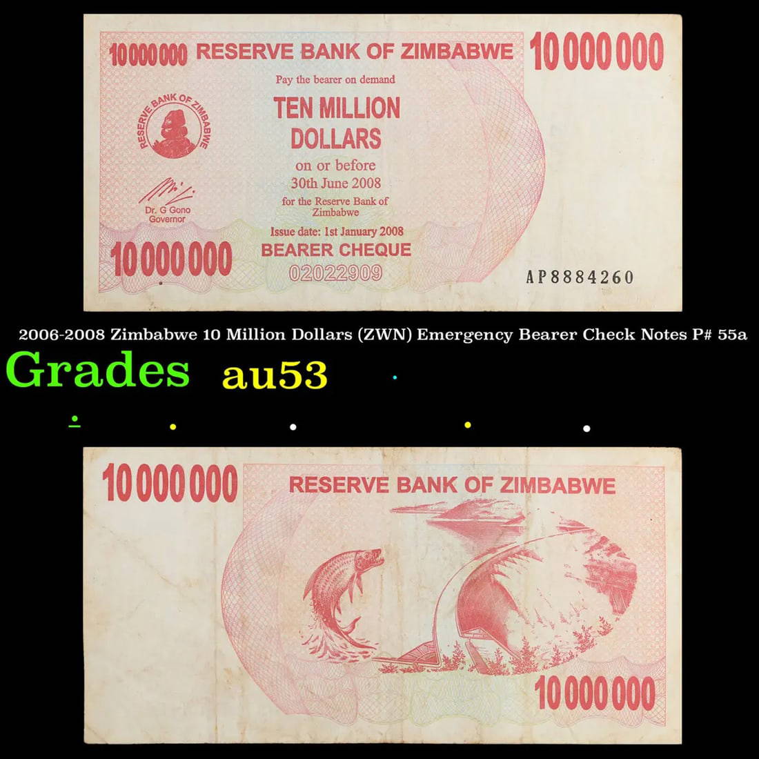 2006-2008 Zimbabwe 10 Million Dollars (zwn) Emergency Bearer Check ...