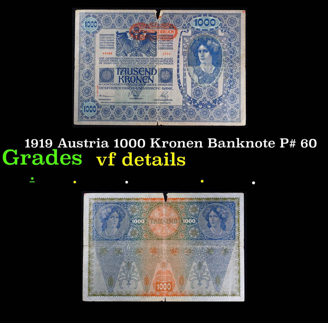 1919 Austria 1000 Kronen Banknote P# 60 Grades Vf Details Auction