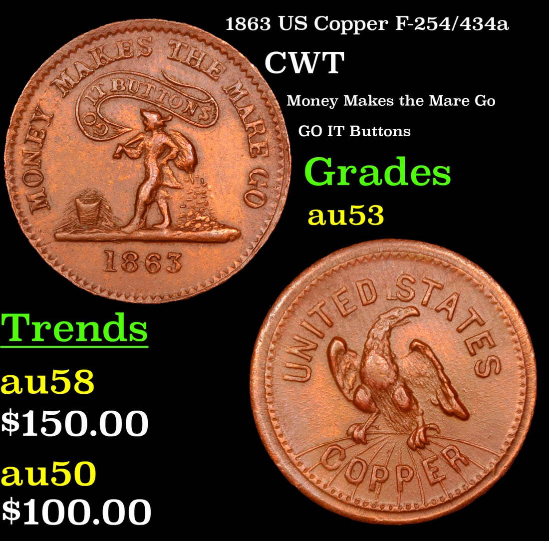 1863 Us Copper Civil War Token F-254/434a 1c Grades Select Au Auction