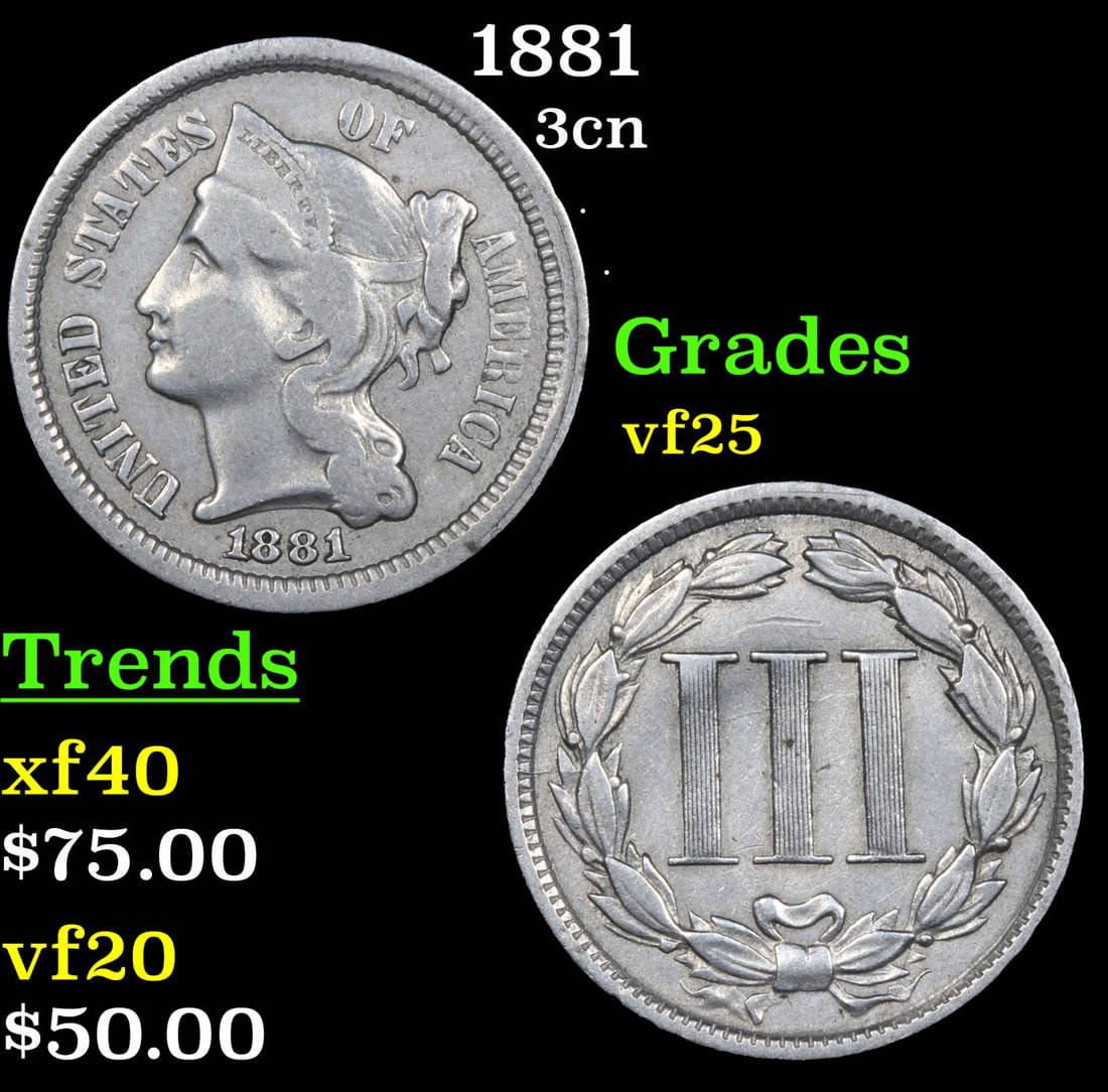 1881 Three Cent Copper Nickel 3cn Grades Vf+ Auction