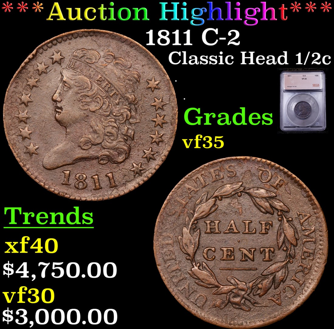 ***auction Highlight*** 1811 Classic Head Half Cent C-2 1/2c Graded ...