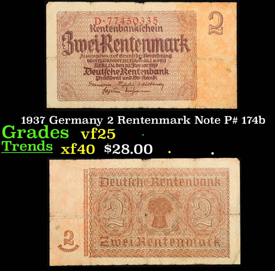 1937 Germany 2 Rentenmark Note P# 174b Grades Vf+ Auction