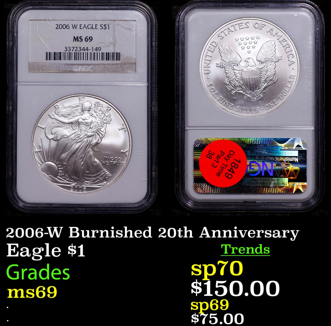 Ngc 2006-w Silver Eagle Dollar Burnished 20th Anniversary $1 Graded Ms69 By Ngc Auction