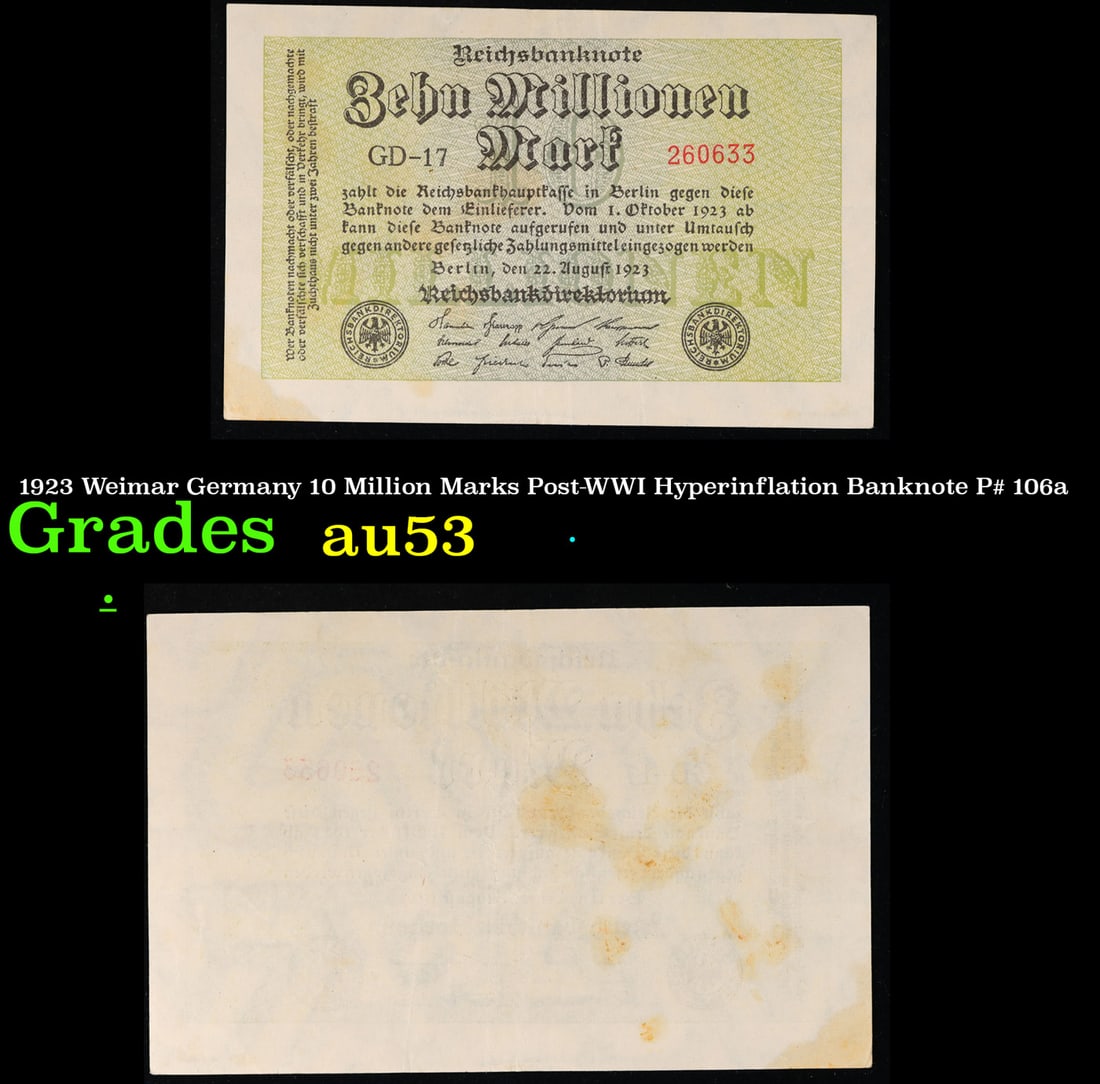 1923 Weimar Germany 10 Million Marks Post-wwi Hyperinflation Banknote P ...
