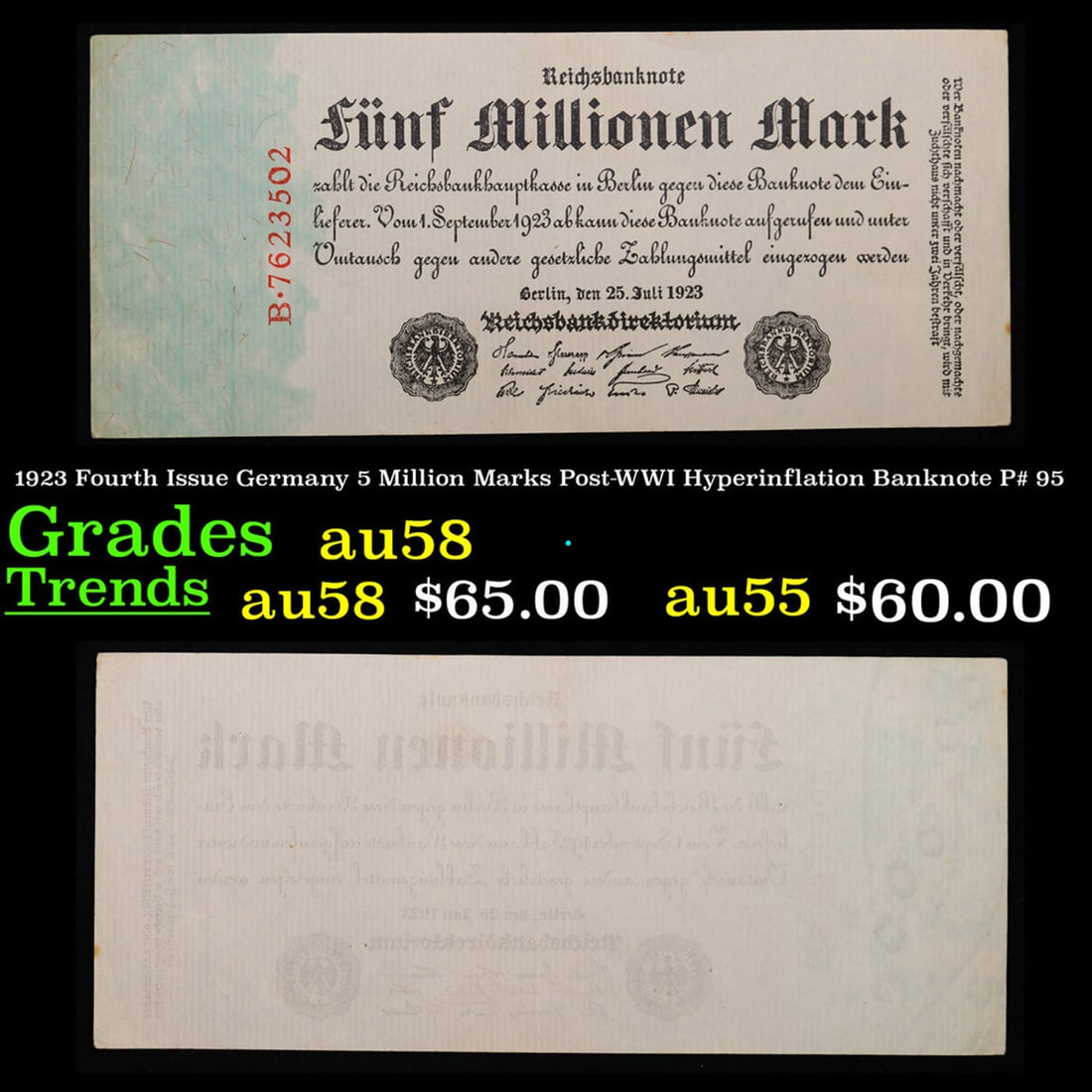1923 Fourth Issue Germany 5 Million Marks Post-wwi Hyperinflation ...