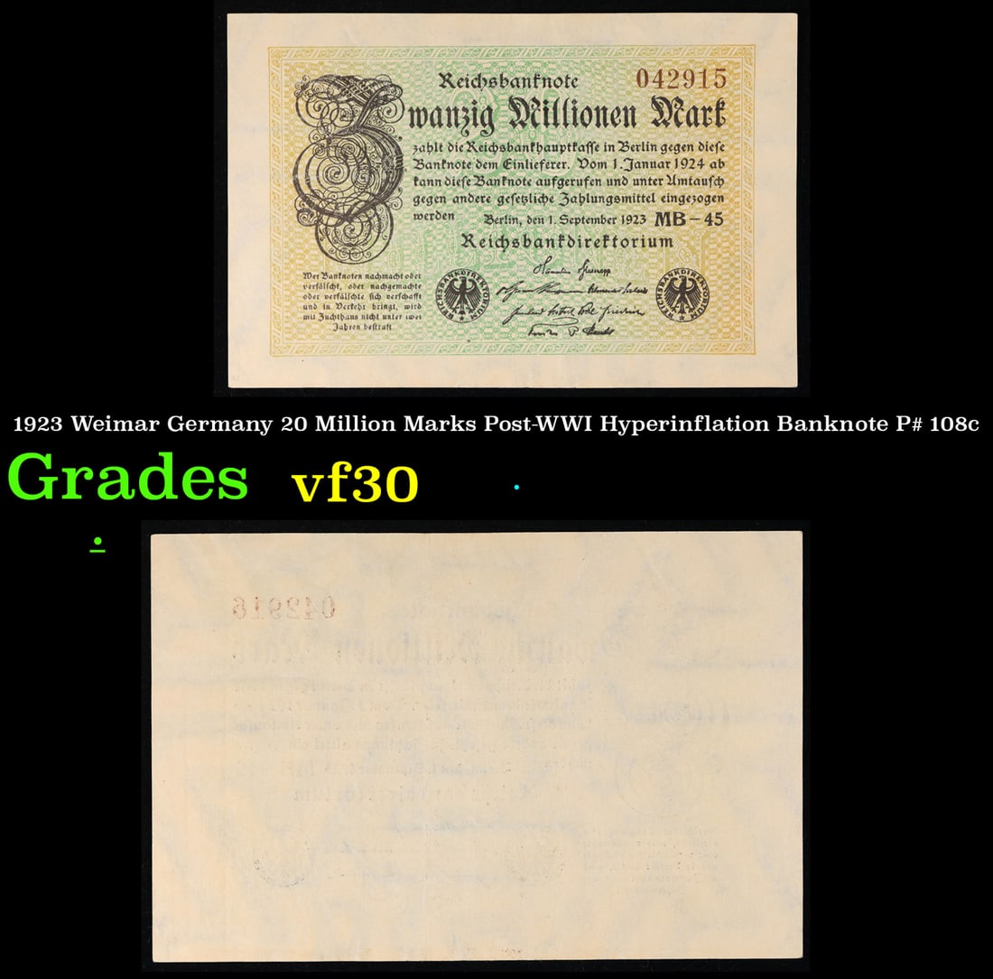 1923 Weimar Germany 20 Million Marks Post-wwi Hyperinflation Banknote P ...