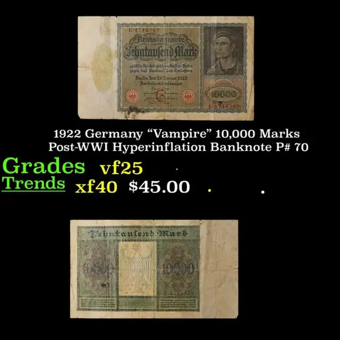 1922 Germany "vampire" 10,000 Marks Post-wwi Hyperinflation Banknote P ...