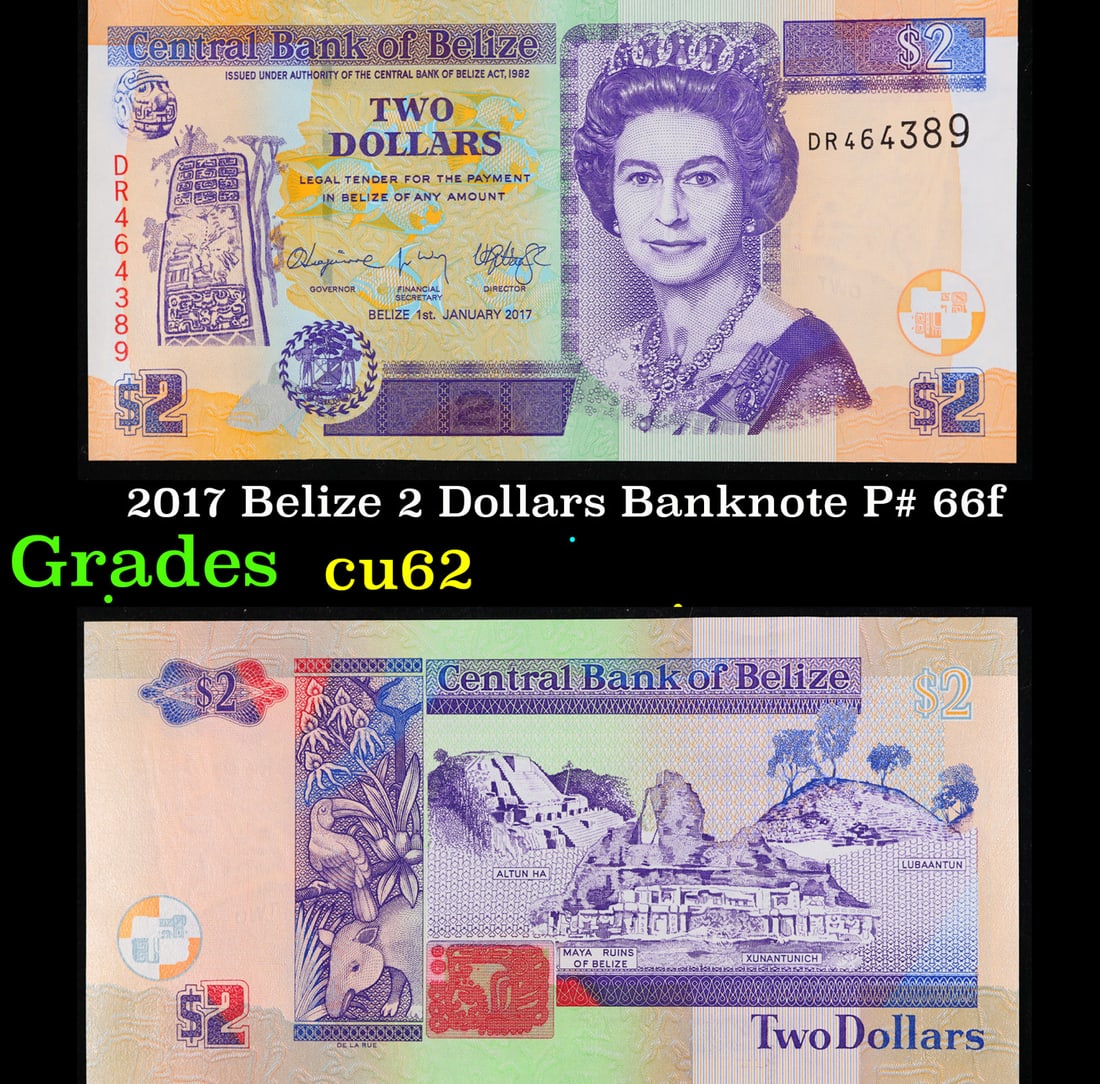2017 Belize 2 Dollars Banknote P# 66f Select Cu