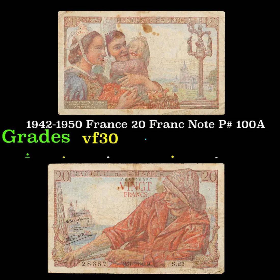 1942-1950 France 20 Franc Note P# 100a Grades Vf++ Auction