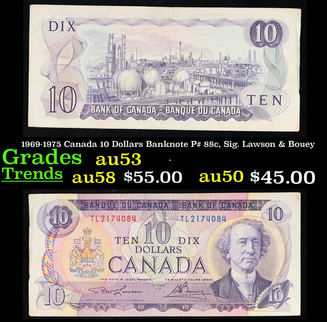 1969-1975 Canada 10 Dollars Banknote P# 88c, Sig. Lawson & Bouey Grades ...