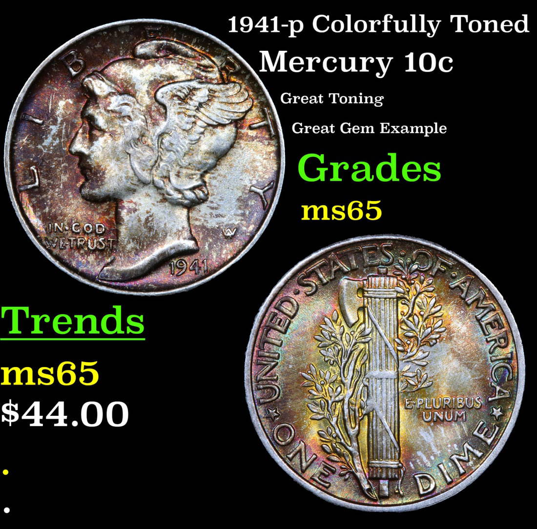 1941-p Mercury Dime Colorfully Toned 10c Grades Gem Unc Auction