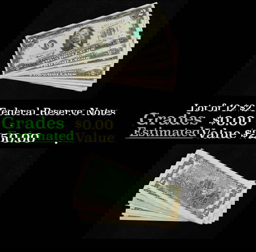 Lot Of 12 $2 Federal Reserve Notes