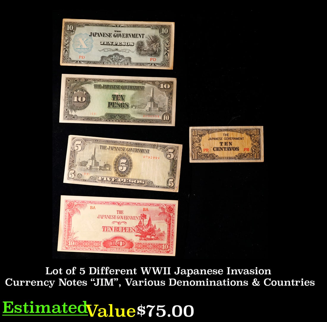 Lot Of 5 Different Wwii Japanese Invasion Currency Notes "jim", Various ...