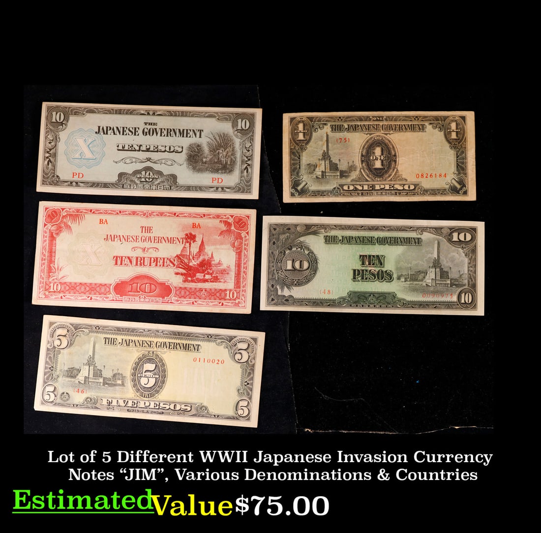 Lot Of 5 Different Wwii Japanese Invasion Currency Notes "jim", Various ...
