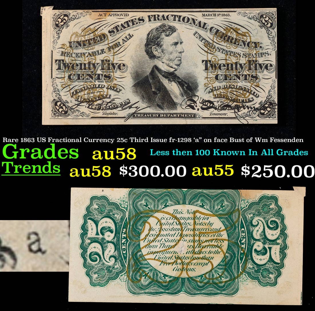18 Rare Us Fractional Currency 25c Third Issue Fr-1298 'a" On Face Bust ...