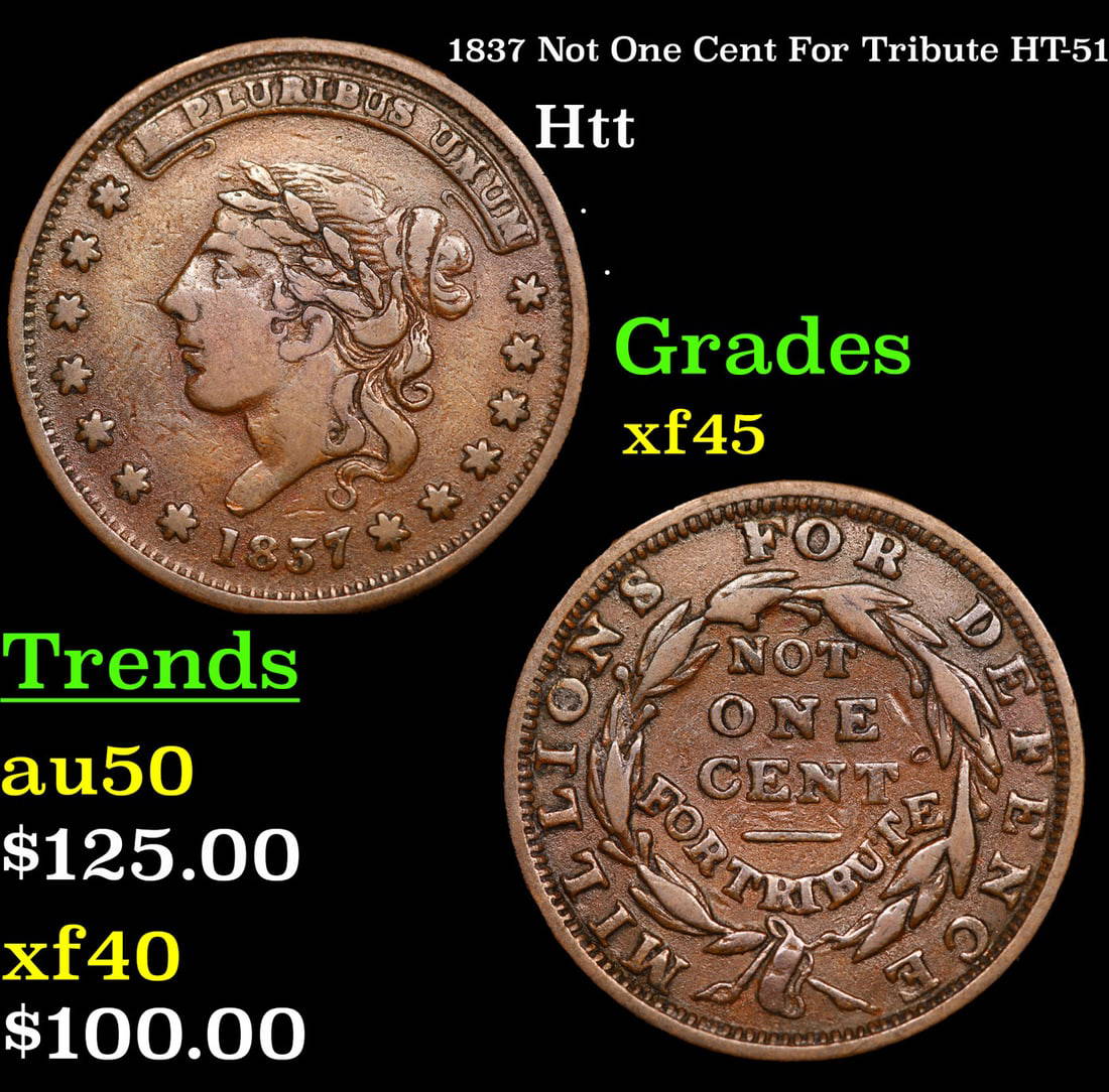 1837 Not One Cent For Tribute Hard Times Token Ht-51 1c Grades Xf+ Auction