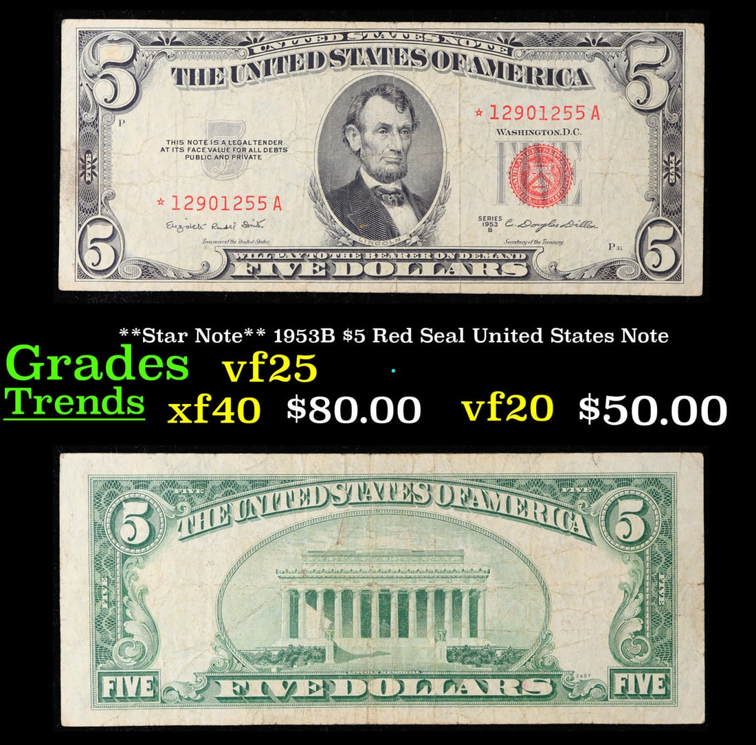 **star Note** 1953b $5 Red Seal United States Note Grades Vf+ Auction