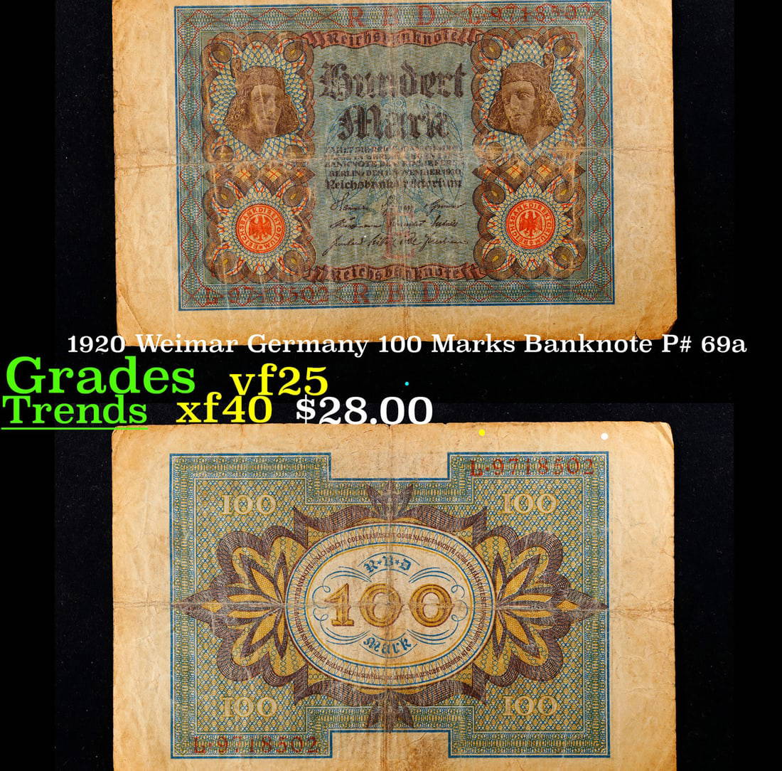 1920 Weimar Germany 100 Marks Banknote P# 69a Grades Vf+ Auction