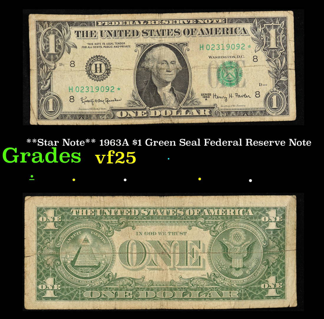 **star Note** 1963a $1 Green Seal Federal Reserve Note Grades Vf+ Auction
