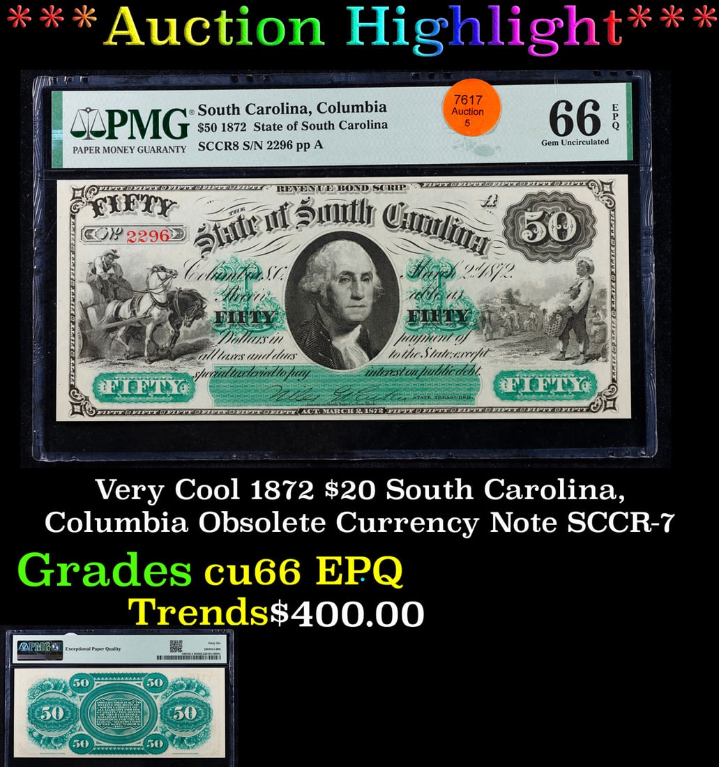 Very Cool 1872 $50 South Carolina, Columbia Obsolete Currency Note Sccr ...