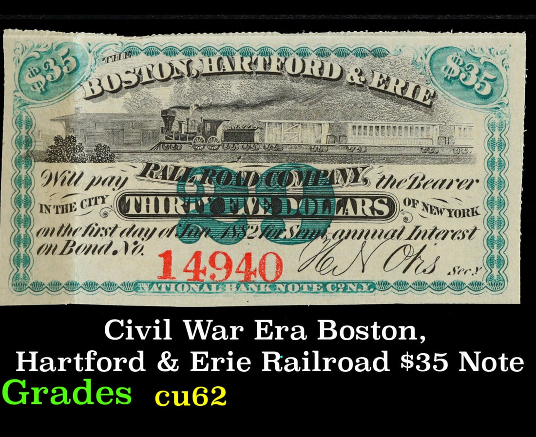 Civil War Era Boston, Hartford & Erie Railroad $35 Note Grades Select ...