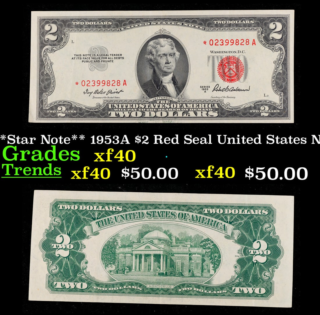 **star Note** 1953a $2 Red Seal United States Note Grades Xf Auction