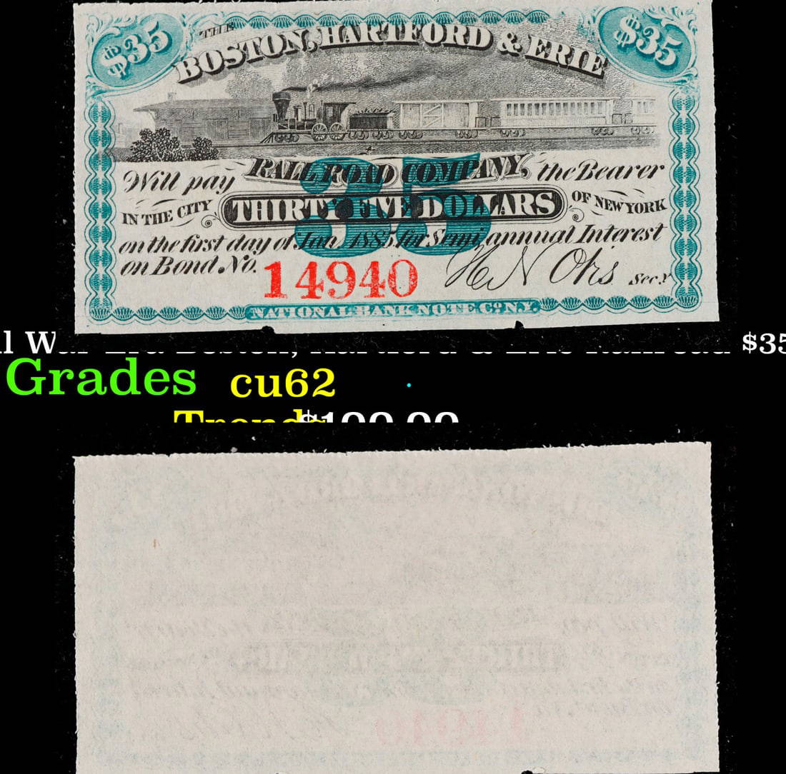 Civil War Era Boston, Hartford & Erie Railroad $35 Note Grades Select ...