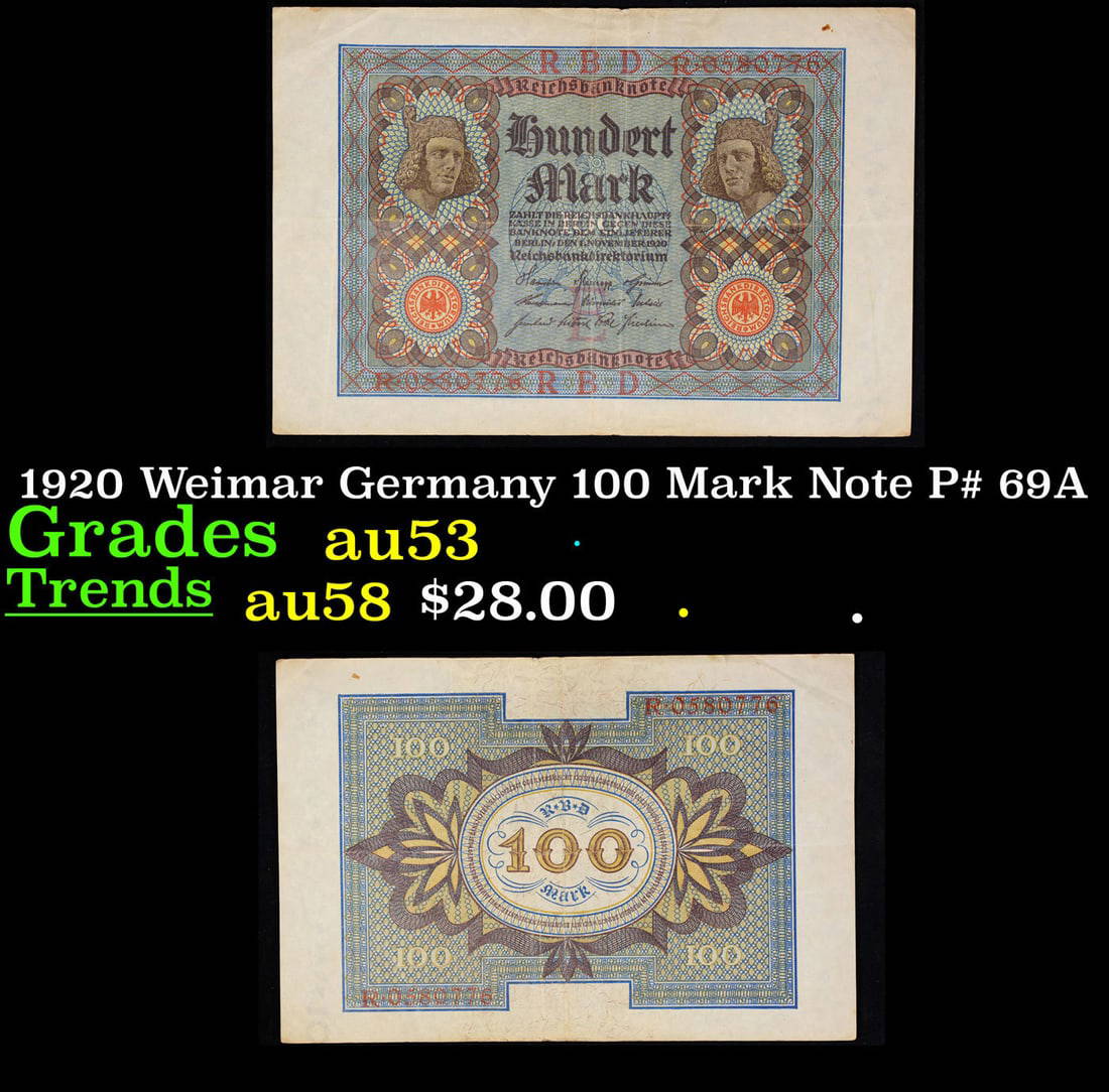 1920 Weimar Germany 100 Mark Note P# 69a Grades Select Au Auction