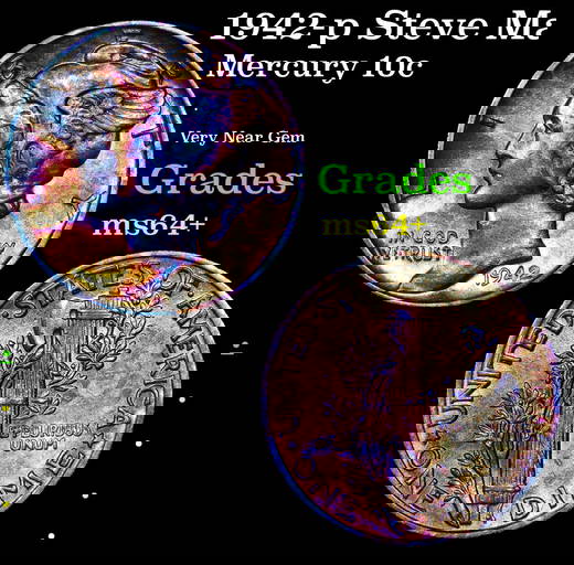 1942 P Mercury Dime Steve Martin Collection Rainbow Toned 10c Grades Choice+ Unc