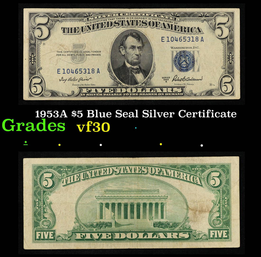 1953a $5 Blue Seal Silver Certificate Grades Vf++ Auction