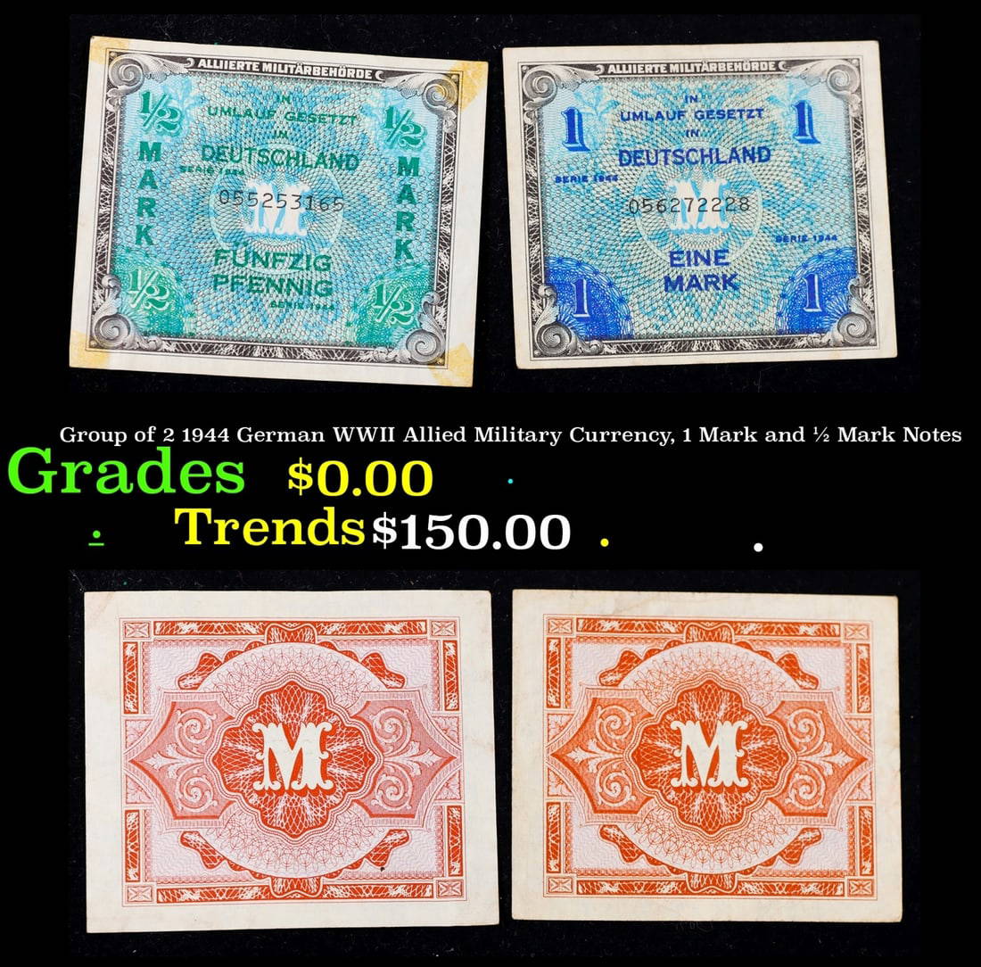 Group Of 2 1944 German Wwii Allied Military Currency, 1 Mark And 1/2 ...