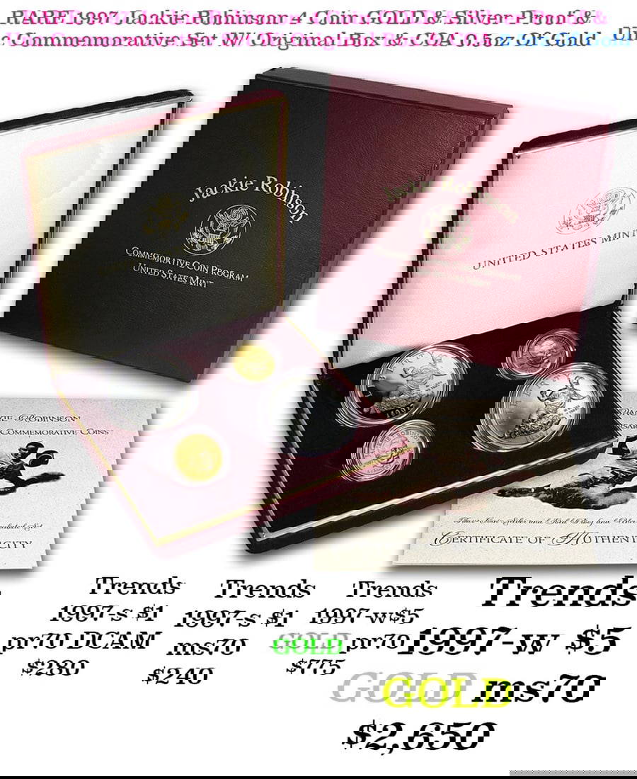 *highlight* Rare 1997 Jackie Robinson 4 Coin Gold & Silver Proof & Unc Commemorative Set W ...