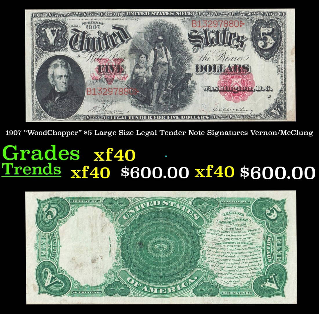 1907 $5 Large Size Legal Tender Note "woodchopper" Grades Xf Signatures ...