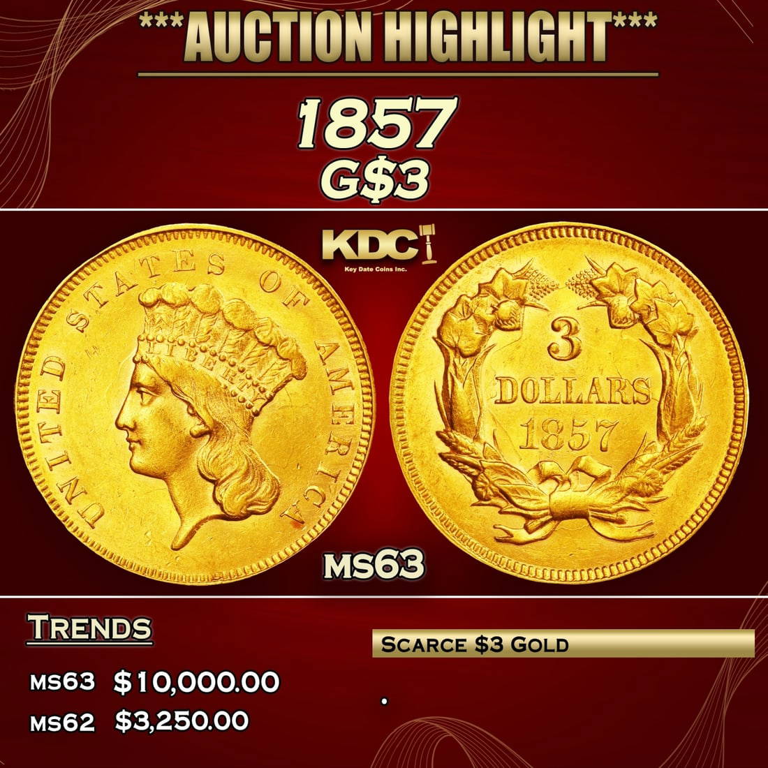 1857 Three Dollar Gold 3 Ms63 Uscg Auction