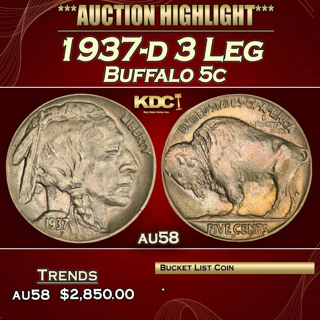 1937-d 3 Leg Buffalo Nickel 5c Au58 Uscg Auction