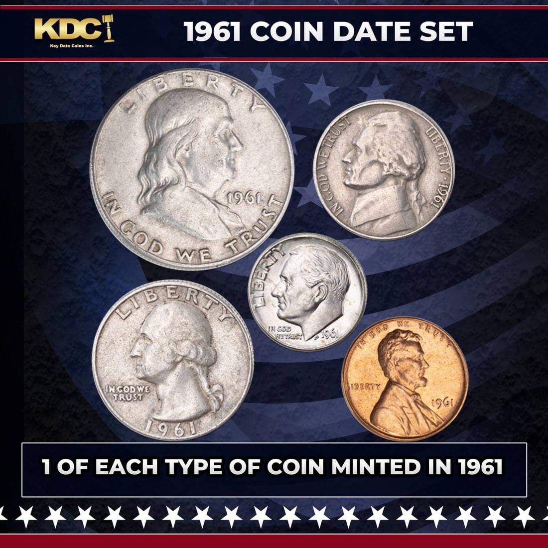 1961 5 Coin Date Set, 1 Of Each Type Of Coin Minted In 1961 Auction