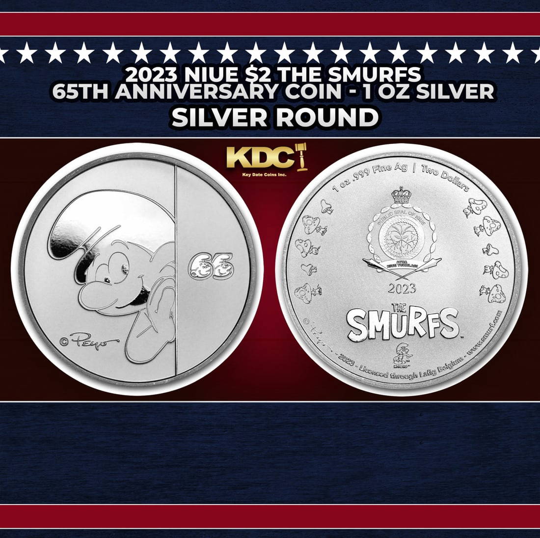 2023 Niue $2 The Smurfs 65th Anniversary Coin - 1 Oz Silver Round Round ...