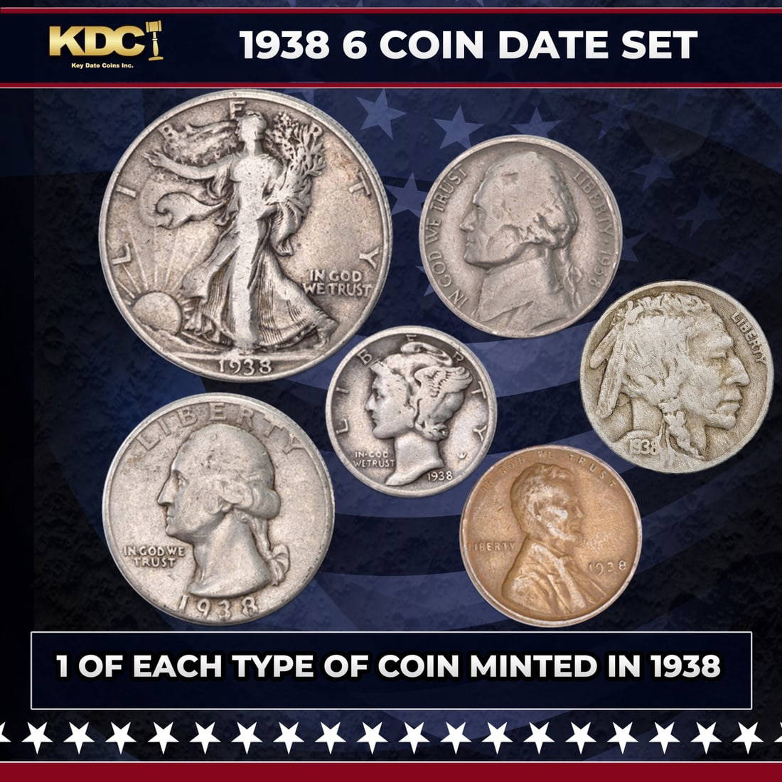 1938 5 Coin Date Set, 1 Of Each Type Of Coin Minted In 1938 Auction