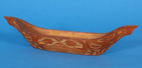 25: Salish Model Canoe with Carved Design - Signed 17 3