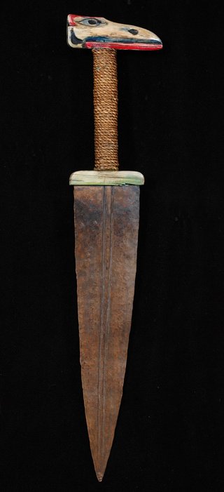 181: Tlingit Copper Dagger with Carved Antler Raven Han