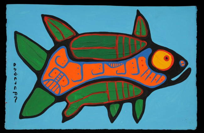 Norval Morrisseau Original Painting Of A Fish On Pa